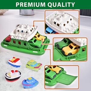 Toy Boat Bath Toys for Toddlers with 4 Mini Car Toys and 4 Bath Boat Squirters, Kids Ferry Boat for Bathtub Bathroom Pool Beach Toys