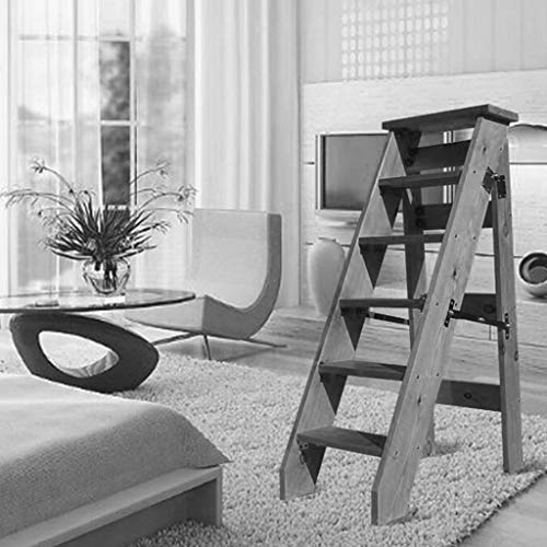 XWZJY Moveable 6 Steps Stepladder Multifunction Wooden Ladder Stool Folding Stairs Chair for Living Room/Kitchen/Balcony/Courtyard,Height 120cm,Load Bearing 150kg