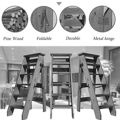 XWZJY Moveable 6 Steps Stepladder Multifunction Wooden Ladder Stool Folding Stairs Chair for Living Room/Kitchen/Balcony/Courtyard,Height 120cm,Load Bearing 150kg