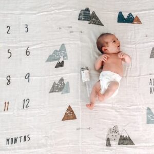 Organic Baby Monthly Milestone Blanket Newborn Boy Girl Unisex Neutral| Boho Mountain Nursery Baby Month Picture Blanket| Baby Growth Photography Background Prop| Markers Wood Birth Announcement Card