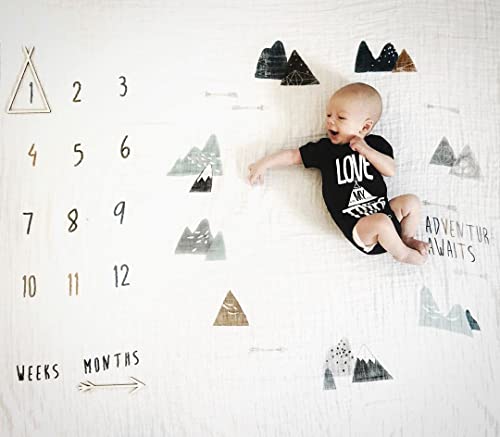 Organic Baby Monthly Milestone Blanket Newborn Boy Girl Unisex Neutral| Boho Mountain Nursery Baby Month Picture Blanket| Baby Growth Photography Background Prop| Markers Wood Birth Announcement Card