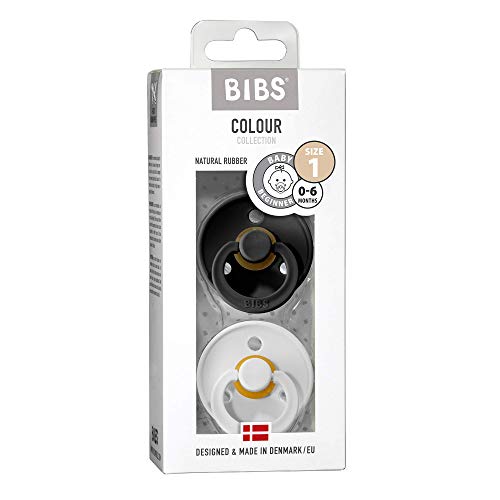 BIBS Pacifiers | Natural Rubber Baby Pacifier | Set of 2 BPA-Free Soothers | Made in Denmark | Black/White | Size 0-6 Months