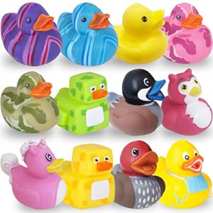 artcreativity assorted rubber duckies for kids and toddlers - pack of 12 cute duck bath tub pool toys in multiple characters, fun carnival supplies, birthday party favors for boys and girls