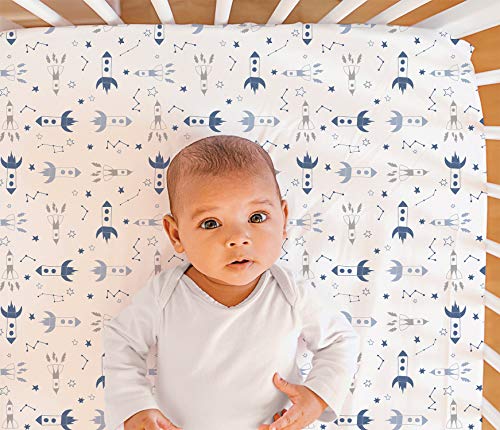 The Peanutshell Fitted Crib Sheet Set for Baby Boys or Girls | Unisex 2 Pack in Rocketships & Shooting Stars | Fits Standard Crib Mattresses