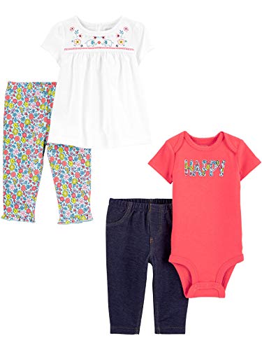 Simple Joys by Carter's Baby Girls' 4-Piece Bodysuit and Pant Set, Happy Pack/Floral, 18 Months