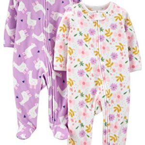 Simple Joys by Carter's Baby Girls' Fleece Footed Sleep and Play, Pack of 2, Purple Llama/Floral, 3-6 Months