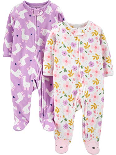 Simple Joys by Carter's Baby Girls' Fleece Footed Sleep and Play, Pack of 2, Purple Llama/Floral, 3-6 Months