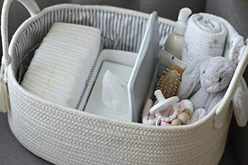 Emmy Baby Co. Rope Diaper Caddy Organizer - Large Nursery Storage Bin - Car Organizer - Baby Shower Basket - with 8 Pockets and Removable Dividers - Creamy White