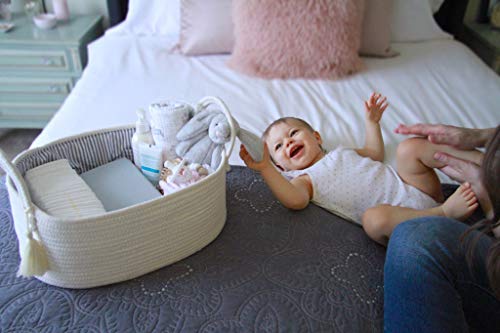 Emmy Baby Co. Rope Diaper Caddy Organizer - Large Nursery Storage Bin - Car Organizer - Baby Shower Basket - with 8 Pockets and Removable Dividers - Creamy White