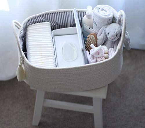 Emmy Baby Co. Rope Diaper Caddy Organizer - Large Nursery Storage Bin - Car Organizer - Baby Shower Basket - with 8 Pockets and Removable Dividers - Creamy White