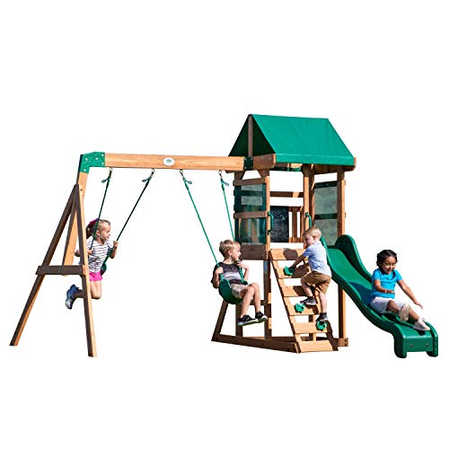 Backyard Discovery Buckley Hill Wooden Swing Set, Made for Small Yards and Younger Children, Two Belt Swings, Covered Mesh Fort with Canopy, Rock Climber Wall, 6 ft Slide Green