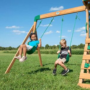 Backyard Discovery Buckley Hill Wooden Swing Set, Made for Small Yards and Younger Children, Two Belt Swings, Covered Mesh Fort with Canopy, Rock Climber Wall, 6 ft Slide Green