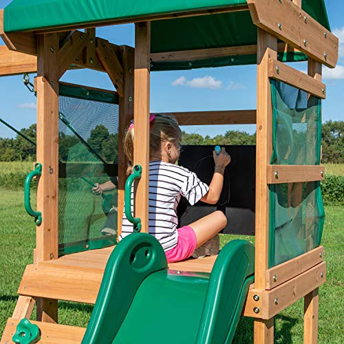 Backyard Discovery Buckley Hill Wooden Swing Set, Made for Small Yards and Younger Children, Two Belt Swings, Covered Mesh Fort with Canopy, Rock Climber Wall, 6 ft Slide Green