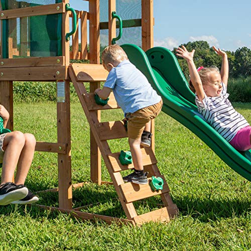 Backyard Discovery Buckley Hill Wooden Swing Set, Made for Small Yards and Younger Children, Two Belt Swings, Covered Mesh Fort with Canopy, Rock Climber Wall, 6 ft Slide Green