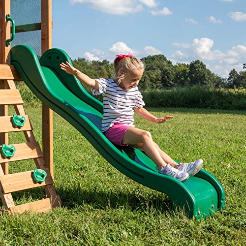 Backyard Discovery Buckley Hill Wooden Swing Set, Made for Small Yards and Younger Children, Two Belt Swings, Covered Mesh Fort with Canopy, Rock Climber Wall, 6 ft Slide Green