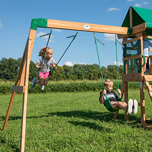 Backyard Discovery Buckley Hill Wooden Swing Set, Made for Small Yards and Younger Children, Two Belt Swings, Covered Mesh Fort with Canopy, Rock Climber Wall, 6 ft Slide Green