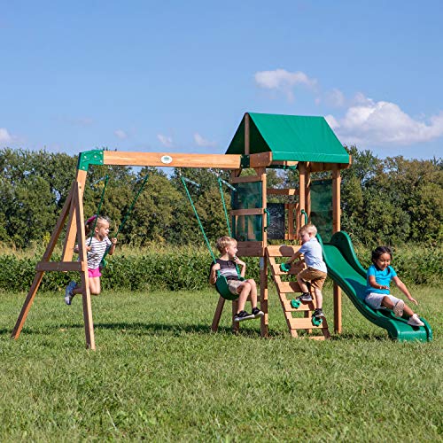 Backyard Discovery Buckley Hill Wooden Swing Set, Made for Small Yards and Younger Children, Two Belt Swings, Covered Mesh Fort with Canopy, Rock Climber Wall, 6 ft Slide Green