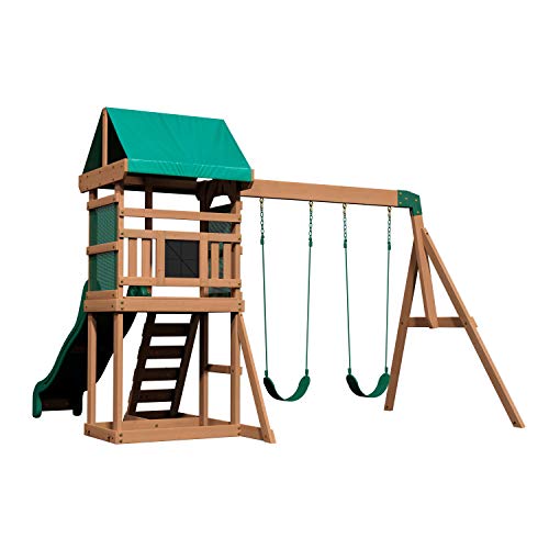 Backyard Discovery Buckley Hill Wooden Swing Set, Made for Small Yards and Younger Children, Two Belt Swings, Covered Mesh Fort with Canopy, Rock Climber Wall, 6 ft Slide Green