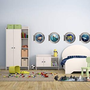 OFISSON - 4 Pieces Bedroom 3D Wall Stickers - Porthole Sea Life Art Sticker 3M for Kids (Girls and Boys) Playroom (12” Diameter Each)