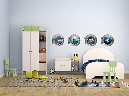 OFISSON - 4 Pieces Bedroom 3D Wall Stickers - Porthole Sea Life Art Sticker 3M for Kids (Girls and Boys) Playroom (12” Diameter Each)