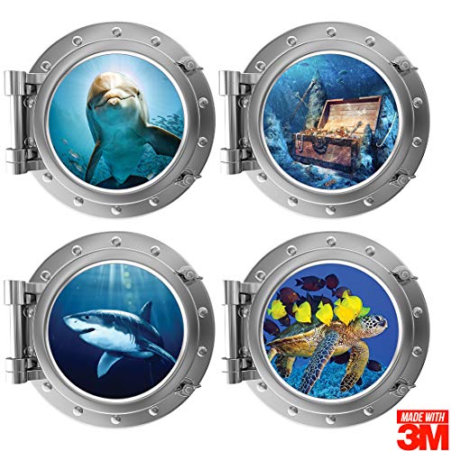 OFISSON - 4 Pieces Bedroom 3D Wall Stickers - Porthole Sea Life Art Sticker 3M for Kids (Girls and Boys) Playroom (12” Diameter Each)