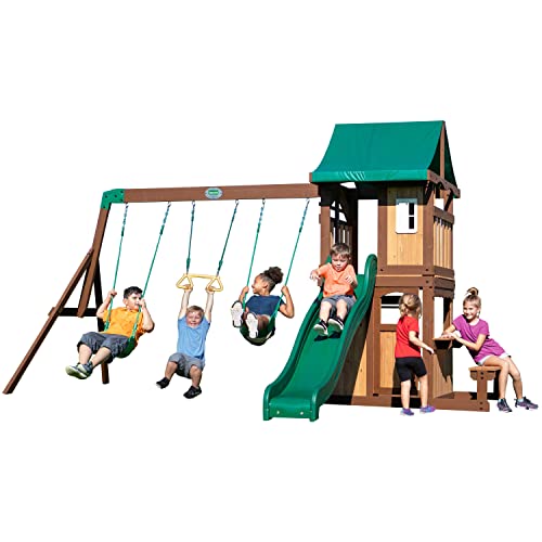 Backyard Discovery Lakewood Cedar Wood Swing Set, Covered Upper Deck with White Trim Window, Slide with Rails, Lower Fort Area with Door and Attached Bench, Swing Belts, Trapeze Bar, Stair Ladder