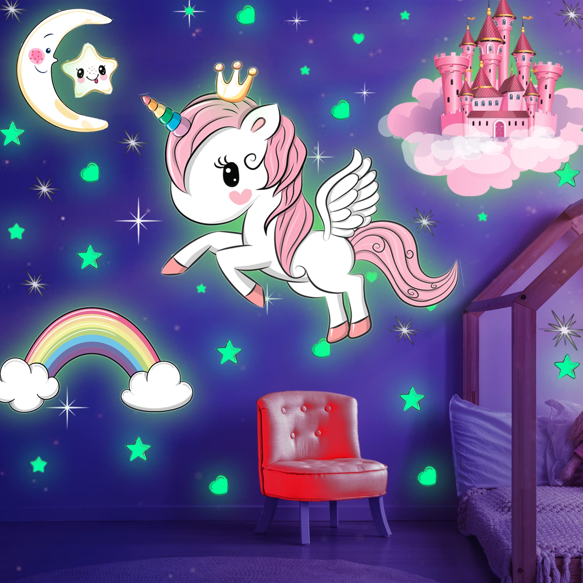 Glow in The Dark Stars, Glowing Unicorn Sets with Castle Moon and Rainbow Wall Decals for Kids Bedding Room, Great for Birthday Gift Wall Mural Stickers for Girls and Boys