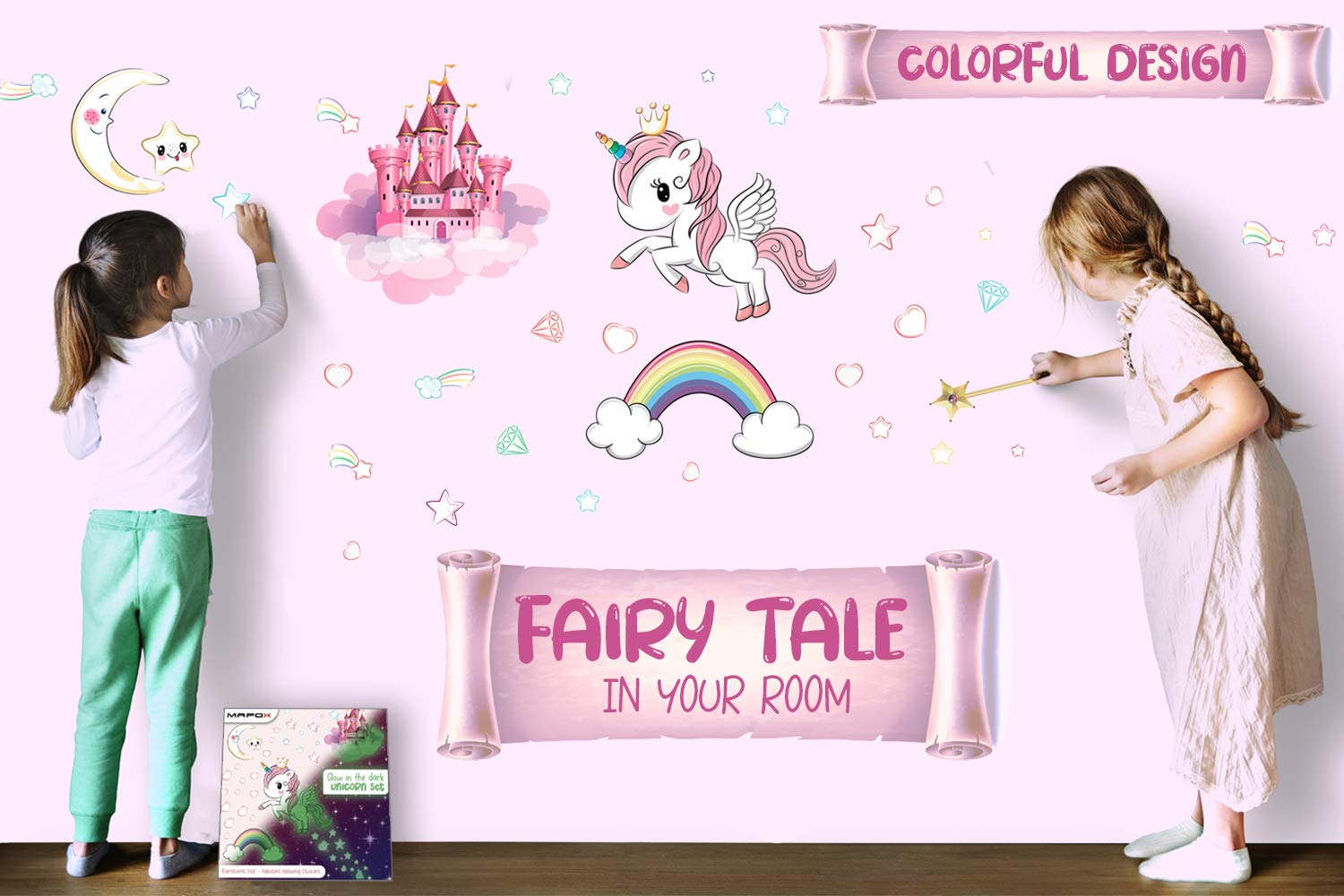 Glow in The Dark Stars, Glowing Unicorn Sets with Castle Moon and Rainbow Wall Decals for Kids Bedding Room, Great for Birthday Gift Wall Mural Stickers for Girls and Boys