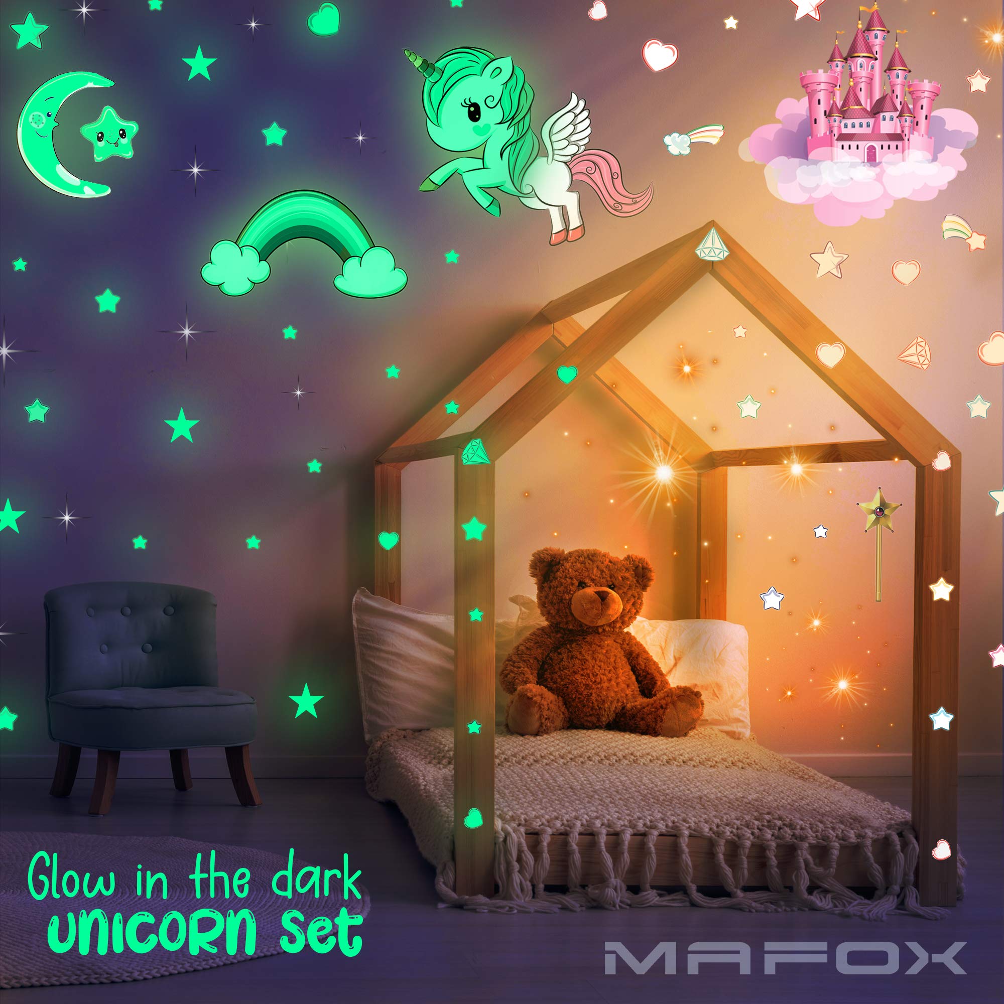 Glow in The Dark Stars, Glowing Unicorn Sets with Castle Moon and Rainbow Wall Decals for Kids Bedding Room, Great for Birthday Gift Wall Mural Stickers for Girls and Boys