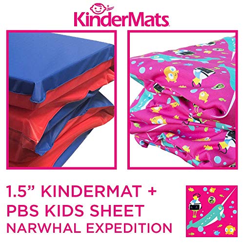 KinderMat 1.5" Thick + PBS Kids Kinderbundle - 1 Washable Cover, Special Edition - Narwhal Expedition - Regular, Sheet is 47" x 22", Great for Daycare & Family Households