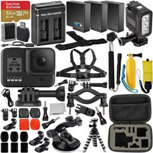 gopro hero8 (hero 8) action camera (black) with premium accessory bundle –includes: sandisk extreme 32gb microsdhc memory card, 2x spare battery, dual battery charger, underwater led light & much more