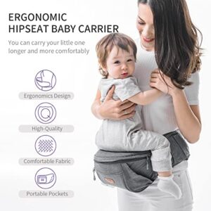 SUNVENO Baby Hipseat Carrier, Ergonomic Hip Seat Safety Infant Carrier for Mom Lightweight Certified Cotton Soft Carriers for Newborns, Toddlers, Grey