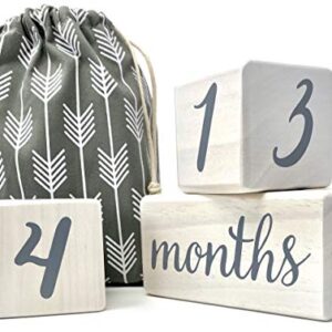 Pondering Pine Baby Milestone Blocks - Natural White Stain Pine Wood with Weeks Months Years Grade - Milestones Age Block Set with Bag, Newborn Weekly Monthly First Year Picture Props, Earth Friendly