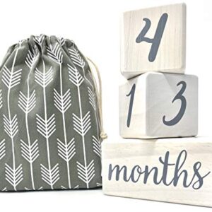 Pondering Pine Baby Milestone Blocks - Natural White Stain Pine Wood with Weeks Months Years Grade - Milestones Age Block Set with Bag, Newborn Weekly Monthly First Year Picture Props, Earth Friendly