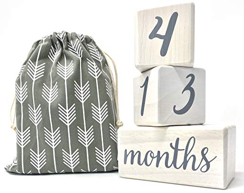 Pondering Pine Baby Milestone Blocks - Natural White Stain Pine Wood with Weeks Months Years Grade - Milestones Age Block Set with Bag, Newborn Weekly Monthly First Year Picture Props, Earth Friendly