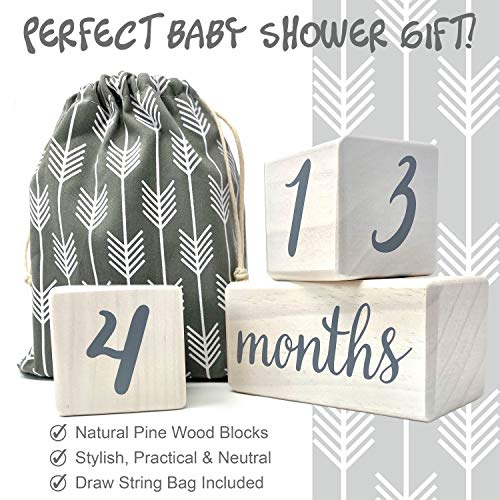 Pondering Pine Baby Milestone Blocks - Natural White Stain Pine Wood with Weeks Months Years Grade - Milestones Age Block Set with Bag, Newborn Weekly Monthly First Year Picture Props, Earth Friendly