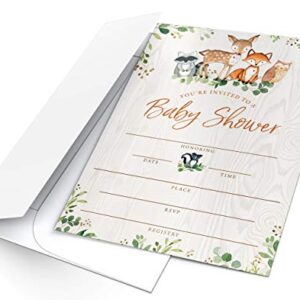 Printed Party Baby Shower Invitations and Envelopes, Woodland Animals, Set of 25