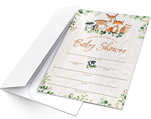 Printed Party Baby Shower Invitations and Envelopes, Woodland Animals, Set of 25