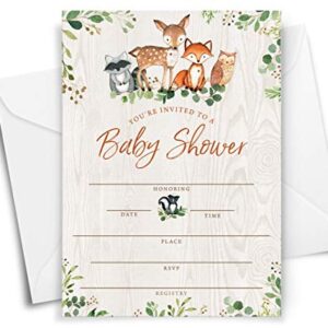 Printed Party Baby Shower Invitations and Envelopes, Woodland Animals, Set of 25