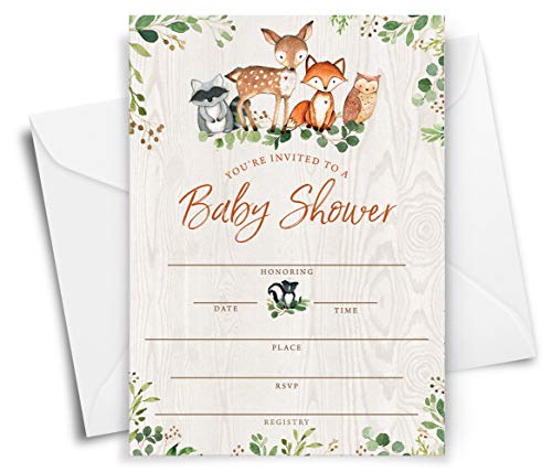 Printed Party Baby Shower Invitations and Envelopes, Woodland Animals, Set of 25