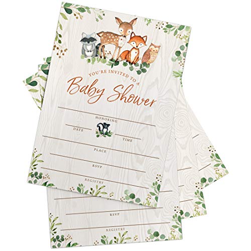 Printed Party Baby Shower Invitations and Envelopes, Woodland Animals, Set of 25