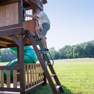 Backyard Discovery Skyfort All Cedar Swing Set, Elevated Covered Wood Roof Clubhouse with Bay Windows, 2 Belt Swings, Web Swing, 10ft Wave Slide, 5 ft Tube Slide, Covered Picnic Table, 5 ft Rock Wall