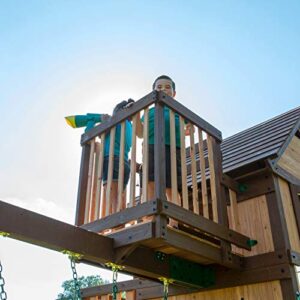 Backyard Discovery Skyfort All Cedar Swing Set, Elevated Covered Wood Roof Clubhouse with Bay Windows, 2 Belt Swings, Web Swing, 10ft Wave Slide, 5 ft Tube Slide, Covered Picnic Table, 5 ft Rock Wall