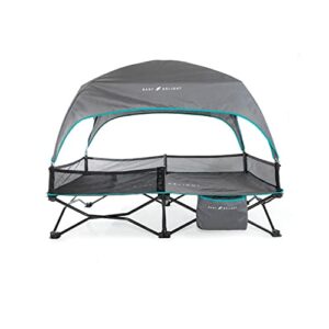 baby delight go with me bungalow deluxe portable cot, toddler travel bed, indoor and outdoor, sun canopy, grey & teal