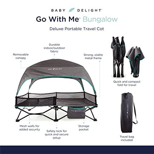 Baby Delight Go with Me Bungalow Deluxe Portable Cot, Toddler Travel Bed, Indoor and Outdoor, Sun Canopy, Grey & Teal