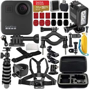 gopro max 360 action camera with deluxe accessory bundle – includes: sandisk extreme 32gb microsdhc memory card, rechargeable underwater led light, protective carrying case & much more