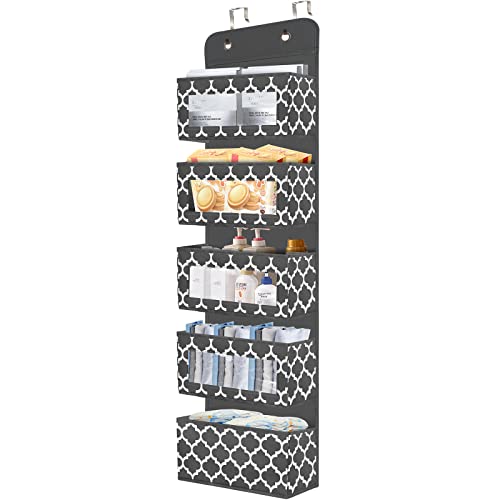 Over Door Organizer, Bathroom Pantry Nursery Cabinet Baby Storage with 5 Large Pockets & 2 Widened Hooks, Wall Mount Hanging Organizer with Clear Window for Cosmetics, Diapers, Closet, Dorm, Grey