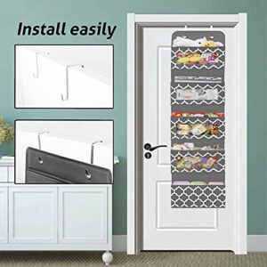 Over Door Organizer, Bathroom Pantry Nursery Cabinet Baby Storage with 5 Large Pockets & 2 Widened Hooks, Wall Mount Hanging Organizer with Clear Window for Cosmetics, Diapers, Closet, Dorm, Grey