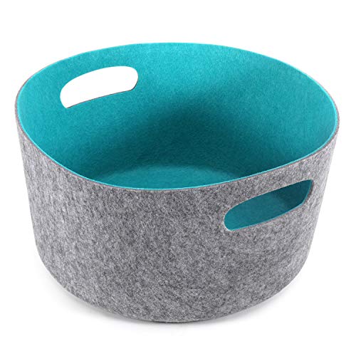 Welaxy Large Storage Basket Felt Open Storage Bins Desk Organize bin Shelf Box with Handles for Magazines Books Junk Kids Toys Pet Toy Clothes Laundry Organizing Round(Turquoise)