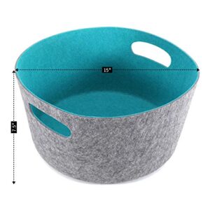 Welaxy Large Storage Basket Felt Open Storage Bins Desk Organize bin Shelf Box with Handles for Magazines Books Junk Kids Toys Pet Toy Clothes Laundry Organizing Round(Turquoise)